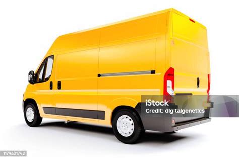 흰색 배경에 노란색 밴 차량의 3d 렌더링 3차원 형태에 대한 스톡 사진 및 기타 이미지 3차원 형태 배달 차 Istock