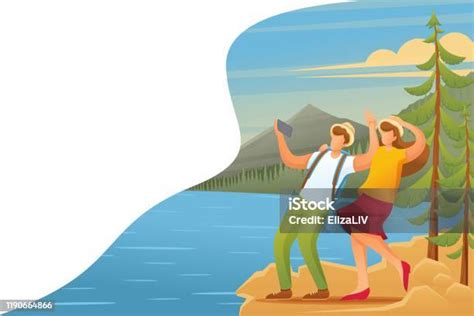 관광객은 자연의 아름다움을 탐구 휴가는 숲에서 촬영됩니다 플랫 2d 문자입니다 웹 디자인에 대한 개념 가방에 대한 스톡 벡터 아트 및 기타 이미지 Istock