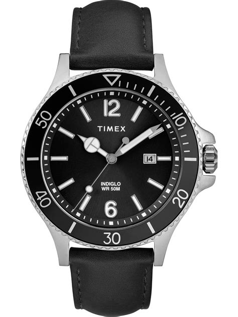Timex Men S Harborside Mm Black Leather Strap Watch Walmart