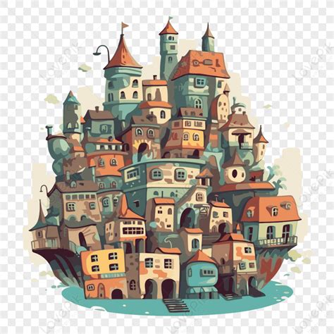 만화에 집이 있는 귀여운 도시 벡터 중세 건축 건물 Png 일러스트 무료 다운로드 Lovepik