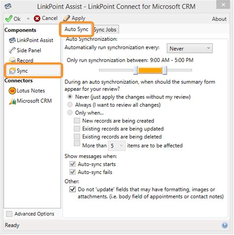 Configuring LinkPoint Connect Auto Sync Settings IBM Notes MS Dynamics CRM Knowledge Base