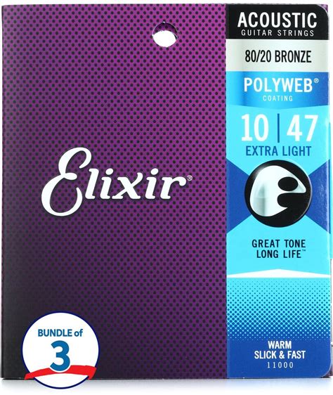 Elixir Strings 11000 Polyweb 80 20 Bronze Acoustic Guitar Strings 010 047 Extra Light 3
