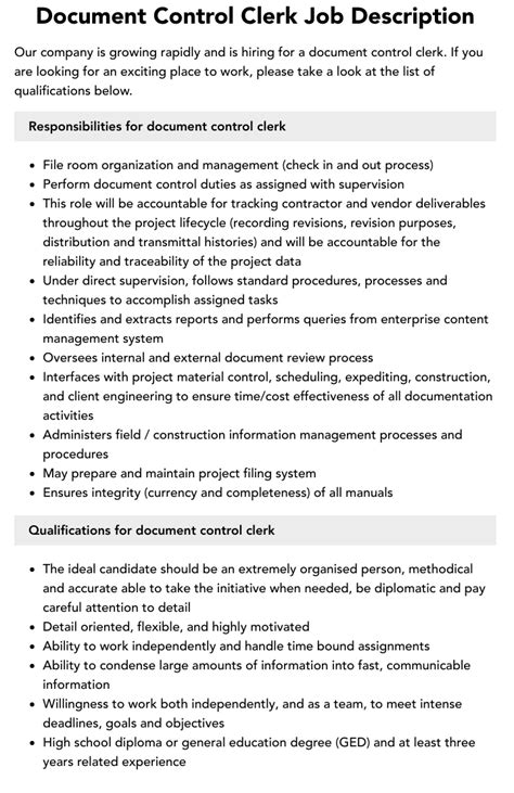 Document Control Clerk Job Description Velvet Jobs