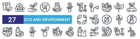 에코 제품 나무 에코 전원 지구 병 플라스틱 풍차 벡터 웹 디자인 모바일 앱을위한 얇은 선 아이콘과 같은 27 개의 개요 웹 에코 및 환경 아이콘 세트 0명에 대한 스톡