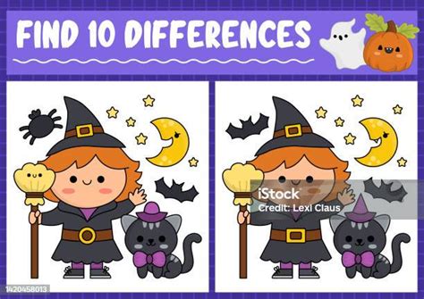 할로윈은 아이들을위한 차이점 게임을 찾습니다 귀여운 마녀 검은 고양이 달과 빗자루와 함께 주의 기술 활동 재미있는 캐릭터를 가진 아이들을위한 퍼즐 다른 워크 시트가 무엇인지