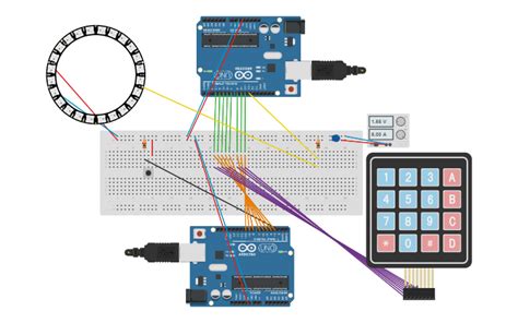 circuit design uno 1 neopixel strip and uno 2 keypad tinkercad