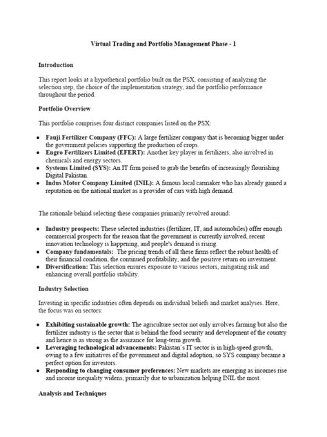 Portfolio Analysis And Investment Strategy In The Pakistan Stock