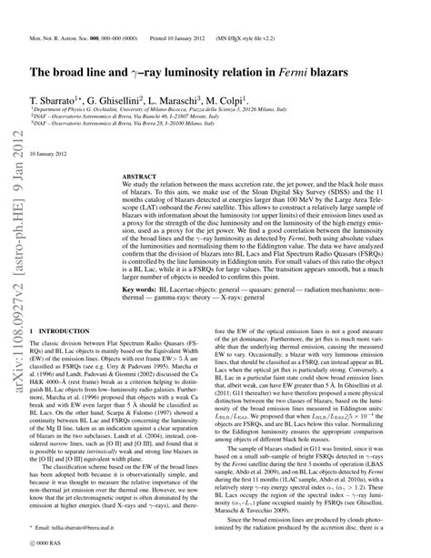 Pdf The Broad Line And Gamma Ray Luminosity Relation In Fermi Blazars