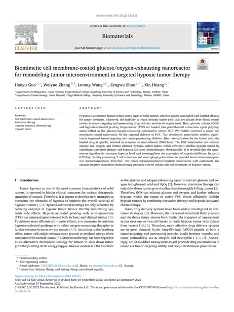 Pdf Biomimetic Cell Membrane Coated Glucoseoxygen Exhausting Nanoreactor For Remodeling Tumor