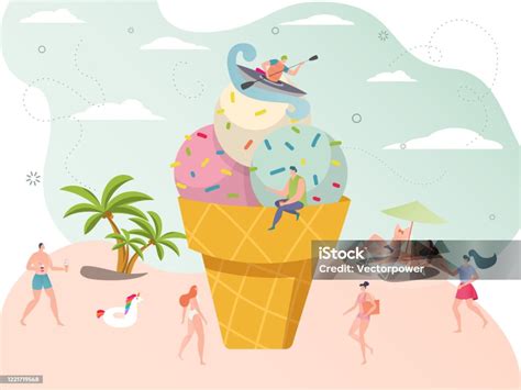 여름 시간 아이스크림 개념 작은 사람들은 해변 해변에서 휴가를 즐길 수 벡터 일러스트 아이에 대한 스톡 벡터 아트 및 기타 이미지 아이 얼음 해변 Istock