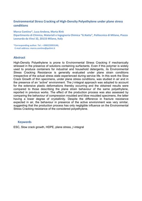 Pdf Environmental Stress Cracking Of High Density Polyethylene Under