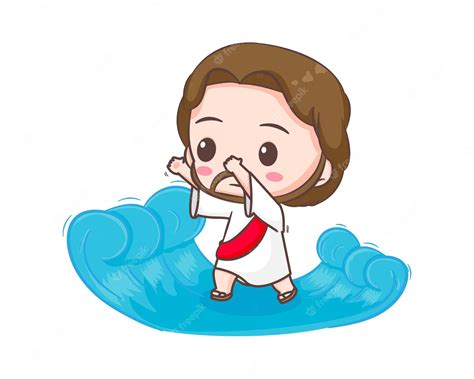 물 위를 걷는 예수 그리스도 만화 캐릭터 귀여운 마스코트 그림입니다 프리미엄 벡터