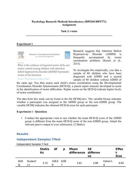 HPS Jamovi Task T Tests Analysis Psychology Research Methods