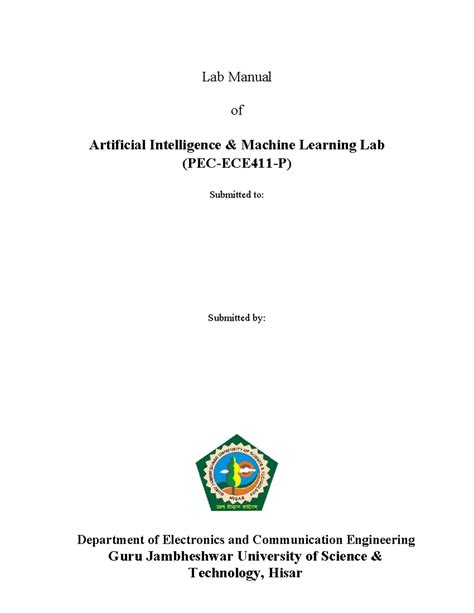 AI ML Lab Manual Lab Manual Of Artificial Intelligence Machine Learning Lab PEC ECE411 P