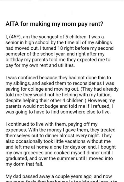 Aita For Making My Mom Pay Rent