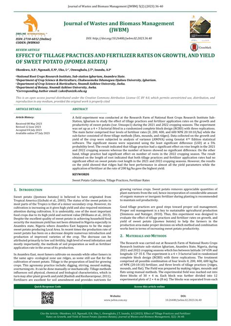 Pdf Effect Of Tillage Practices And Fertilizer Rates On Growth And Yield Of Sweet Potato