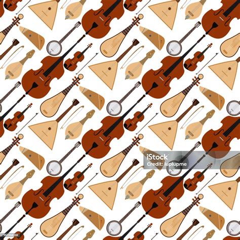 꿈된 현악기 클래식 오케스트라 예술 소리 도구 음향 심포니 원활한 패턴 배경 나무 장비 벡터 일러스트 레이 션 Classical Concert에 대한 스톡 벡터 아트 및