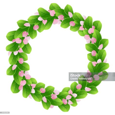 분홍색 싹과 나뭇잎 큰 둥근 봄 화 환 꽃 벚꽃 사과 나무와 젊은 녹색 단풍 그림자 없이 고립 0명에 대한 스톡 벡터 아트 및 기타 이미지 Istock