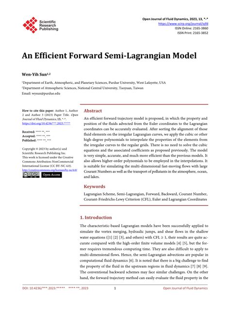 Pdf 2023 1 Open Journal Of Fluid Dynamics An Efficient Forward Semi Lagrangian