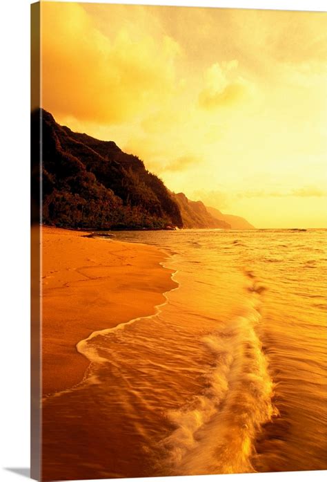 Hawaii Kauai Na Pali Coast Beach At Sunset With Foamy Surf And Cliff In Background Wall Art