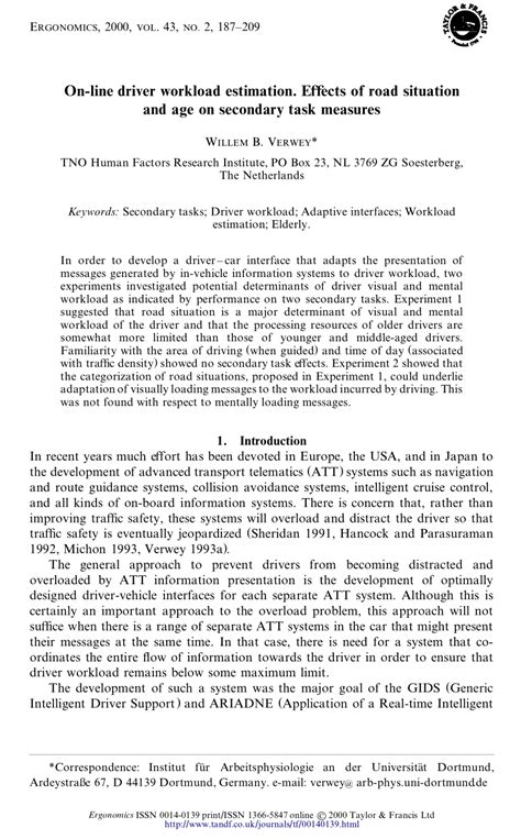 Pdf On Line Driver Workload Estimation Effects Of Road Situation And