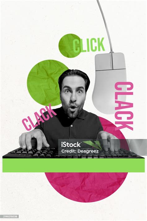 트렌드 아트 워크 크리 에이 티브 스케치 3d 사진 콜라주 키보드 유형 누르기 버튼 와이어 마우스 클릭 젊은 남자 이모티콘 충격 사용자 해커 20 24세에 대한 스톡 사진