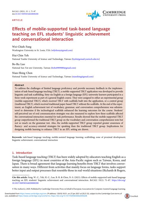 Pdf Effects Of Mobile Supported Task Based Language Teaching On Efl