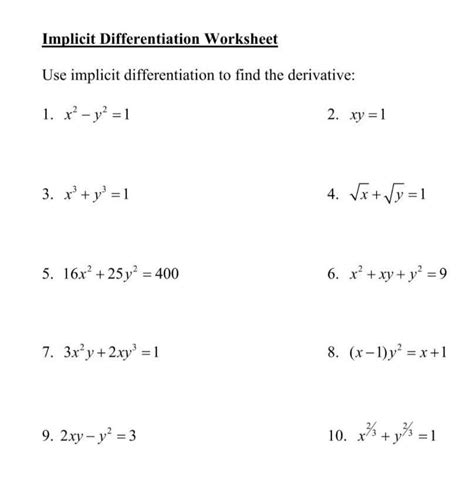 Implicit Differentiation Worksheet Use Studyx