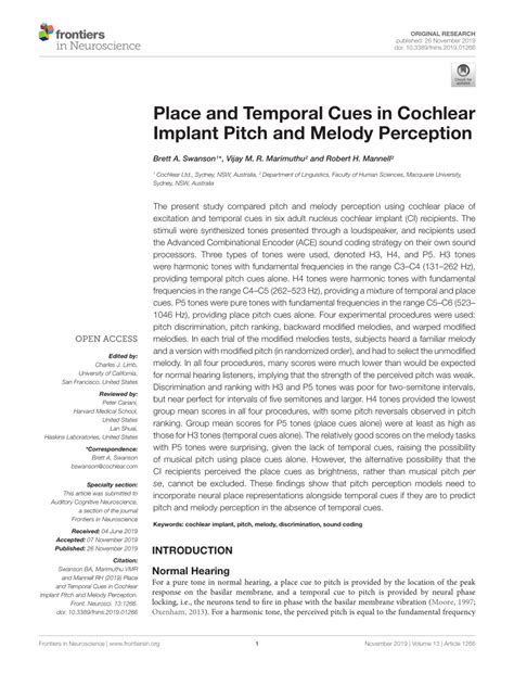 Pdf Place And Temporal Cues In Cochlear Implant Pitch And Melody Perception