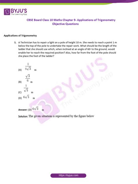Cbse Class 10 Maths Chapter 9 Applications Of Trignometry Pdf Tower Angle