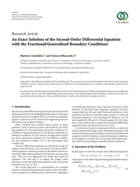 Pdf An Exact Solution Of The Second Order Differential Equation With