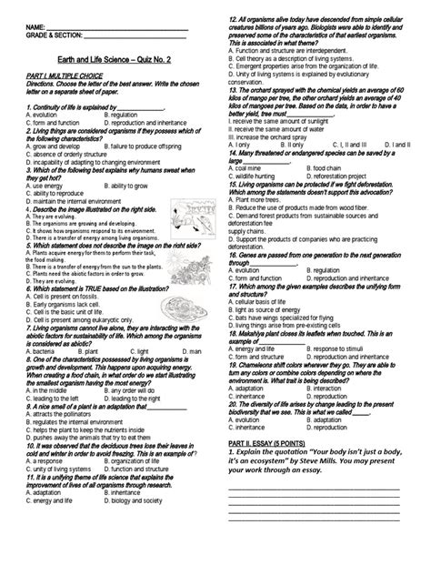 Earth And Life Science Quiz No 2 Pdf Organisms Life