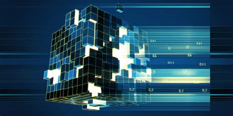 빅 데이터 추상 시각화는 알고리즘 빅 그룹 큐브 데이터를 분석합니다 양자 가상 암호화 와이어프레임 박스와 글로우 효과를 갖춘