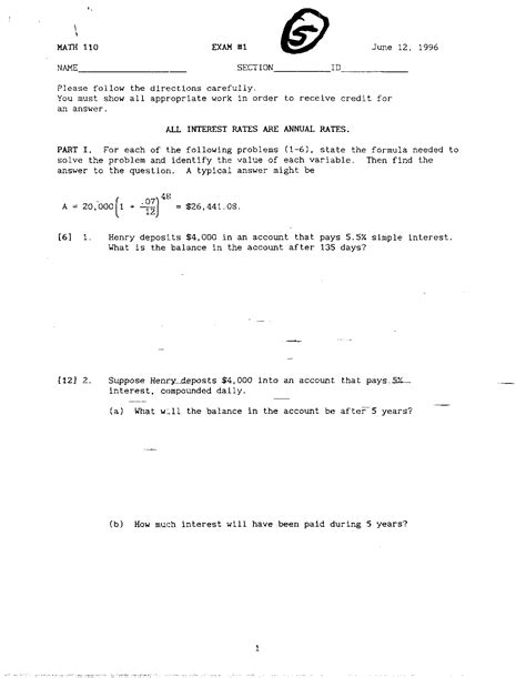 Exam 1 Elemental Math Models Math 110 Docsity