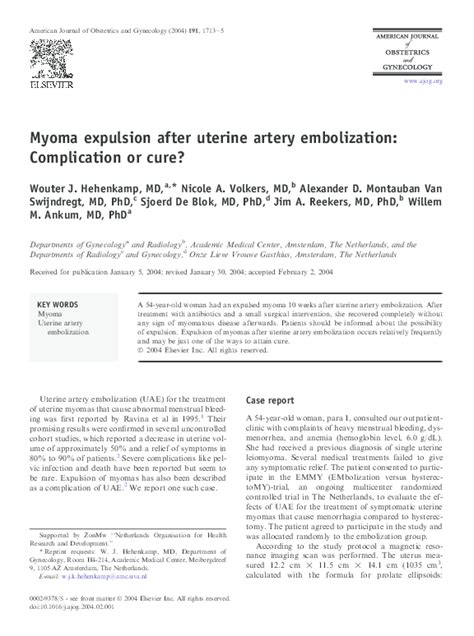 Pdf Myoma Expulsion After Uterine Artery Embolization Complication