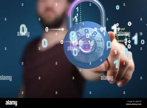 A Cybersecurity Concept With A Man Touching A 3d Rendered Pad Lock With Floating Numbers Stock