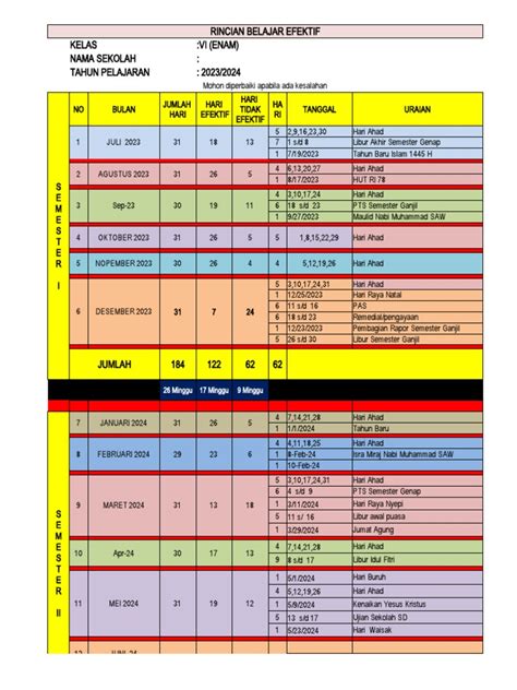 Hari Belajar Efektif Th Pelajaran 2023 2024 Kelas 6 Pdf