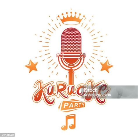 가라오케 파티 초대 포스터 라이브 음악 벡터 콘서트 광고 전단지 또는 레코더 마이크와 음표를 사용 하 여 구성 공연에 대한 스톡