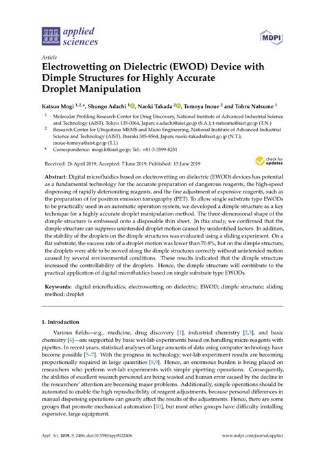 Pdf Electrowetting On Dielectric Ewod Device With Dimple Structures