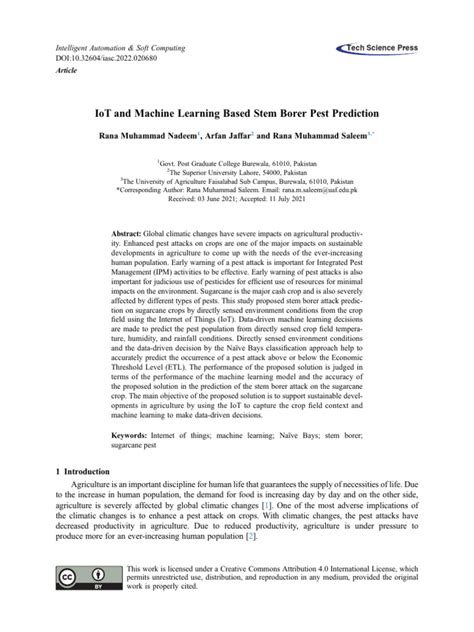 Iot And Ml Based Stem Borer Pest Prediction Pdf Internet Of Things