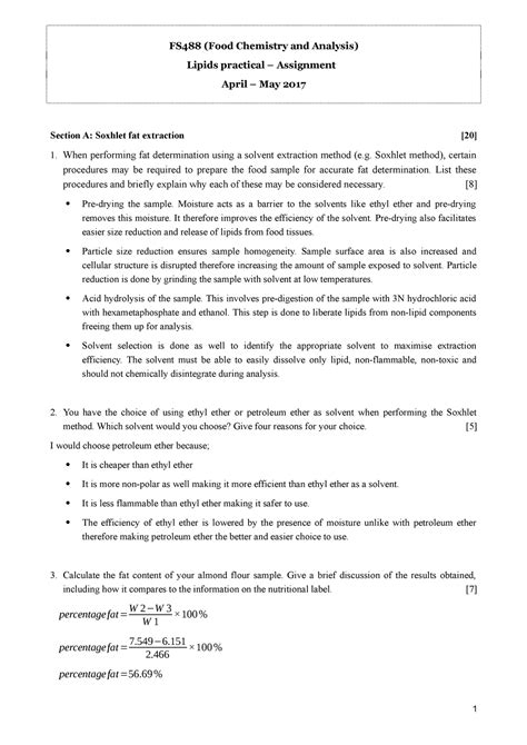 Lipids Assignment FS Food Chemistry And Analysis Lipids Practical Assignment April May