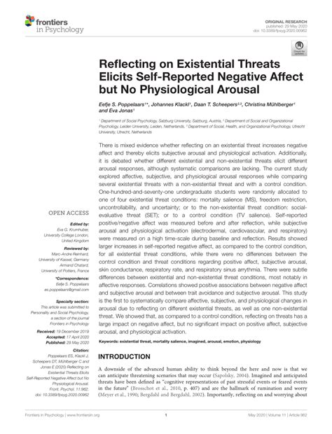 Pdf Reflecting On Existential Threats Elicits Self Reported Negative