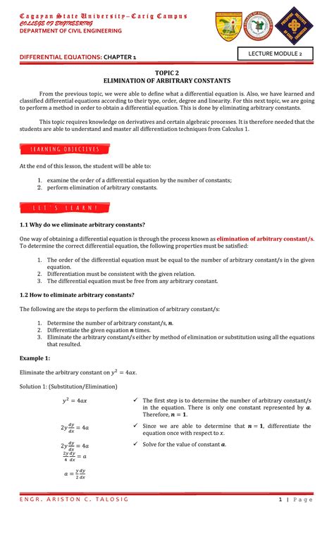 differential equations elimination of arbitrary constants module 2