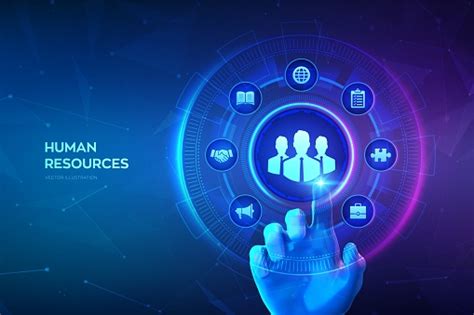 인사 Hr 관리 채용 고용 헤드헌팅 비즈니스 개념 인간의 사회적 네트워크와 리더십 디지털 인터페이스를 만지는 손 벡터 그림입니다