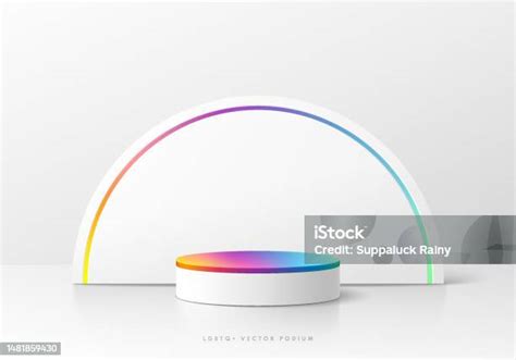 사실적인 흰색 다채로운 실린더 연단이 있는 3d 배경 반원 창 벽 장면의 프라이드 무지개 색상 최소한의 모형 빈 제품 디스플레이 추상 벡터 3d 렌더링 무대 쇼케이스 3차원
