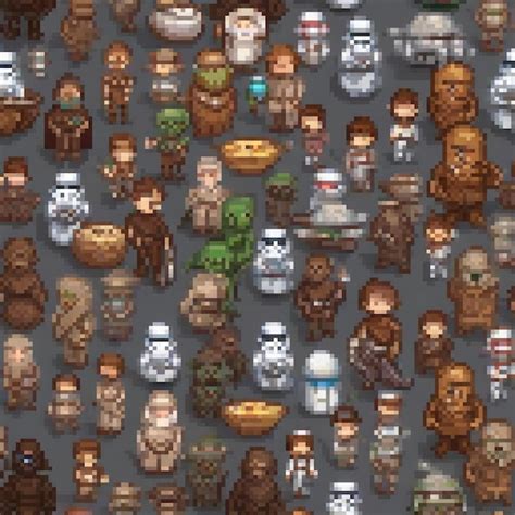 Pixel Art Featuring Star Wars Characters In A Grayscale Setting