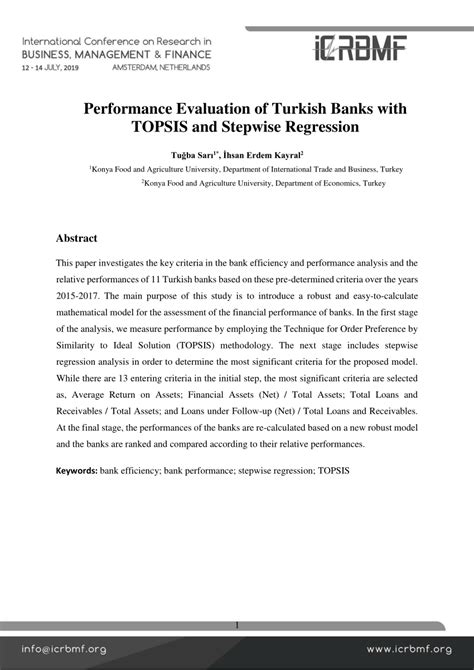 Pdf Performance Evaluation Of Turkish Banks With Topsis And Stepwise