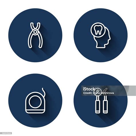 라인 치과용 펜치 치통 치실 거울을 설정하고 긴 그림자가 있는 프로브를 설정합니다 파란색 원 버튼입니다 벡터 가공의 인물에 대한