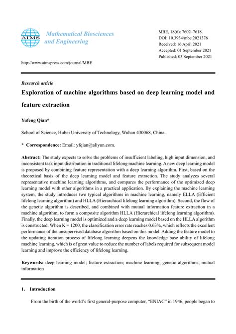 Pdf Exploration Of Machine Algorithms Based On Deep Learning Model And Feature Extraction