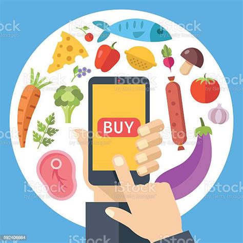 손 들고 스마트폰 음식 주위 온라인으로 음식을 주문하십시오 플랫 일러스트레이션 치즈에 대한 스톡 벡터 아트 및 기타 이미지